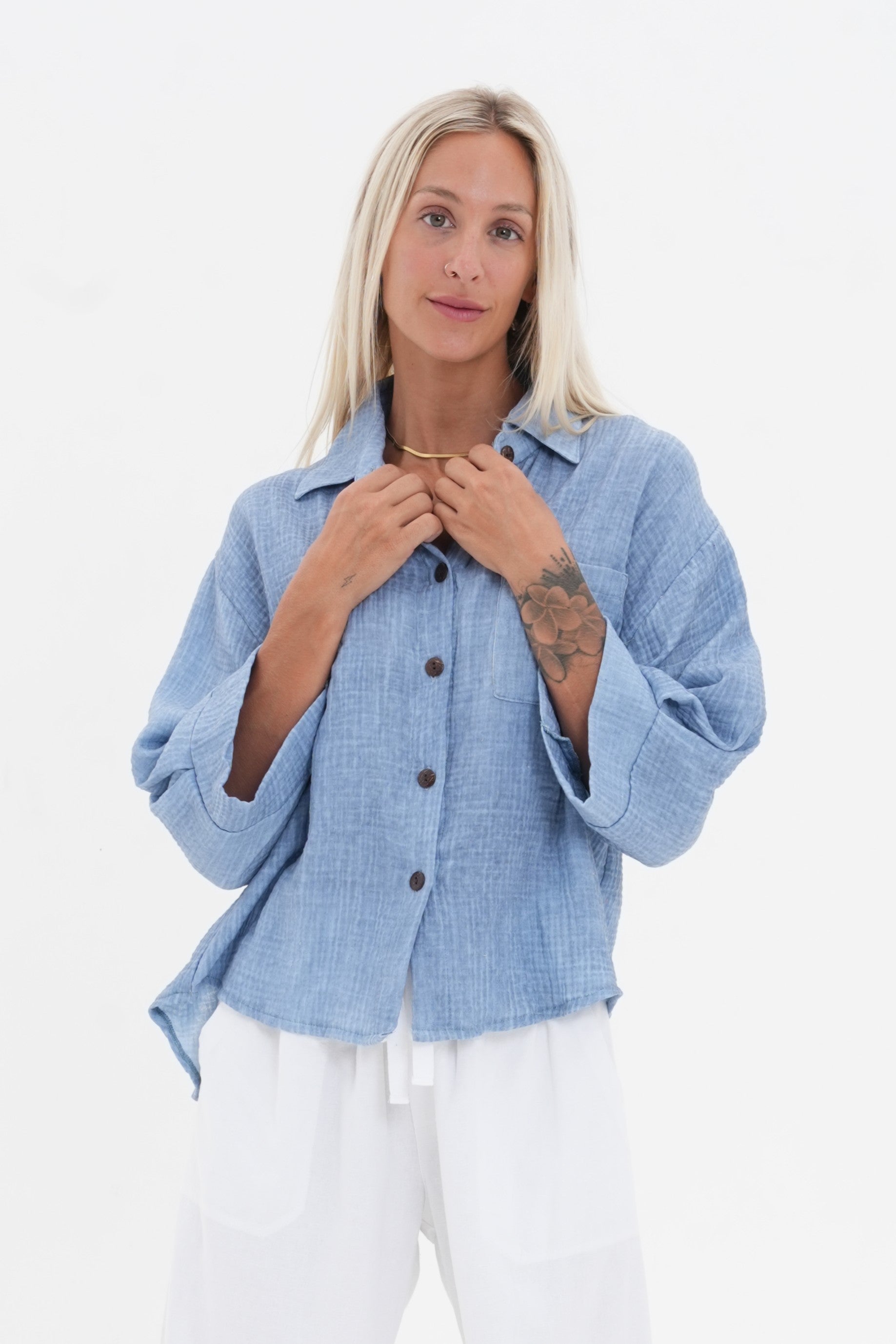 Carbon The Label Thea Cotton Shirt - Denim Blue – Spoilt Boutique